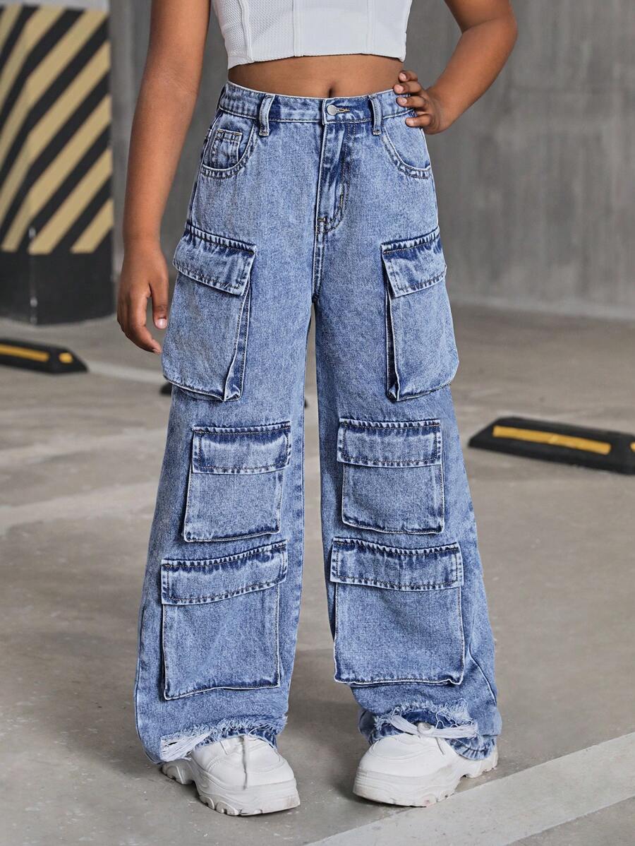 SHEIN Tween Girls' Y2K Trending Stonewashed Multi-Pocket Distressed ...