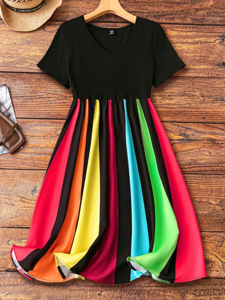 SHEIN Clasi Women's Rainbow Striped Short Sleeve Round Neck Patchwork ...