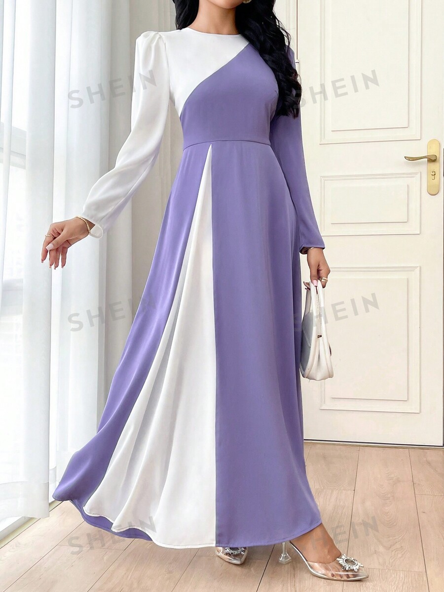 SHEIN Modely Ladies' Arabic Color Block Simple Daily Dress Party Elegant Evening Long Sleeve ...