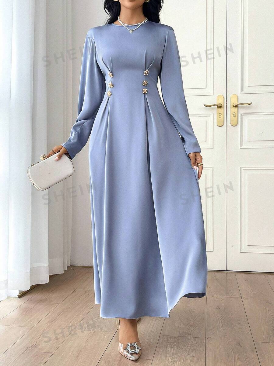 SHEIN Modely Women's Simple Everyday Long Sleeve Arabian Dress With Ball Decoration Party ...