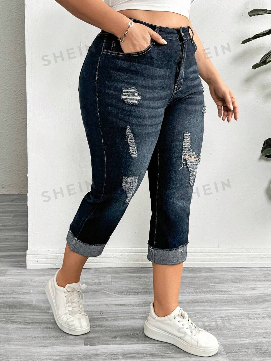 SHEIN Plus Size Women's Frayed Hem Folded-Cuff Denim Capri Pants ...