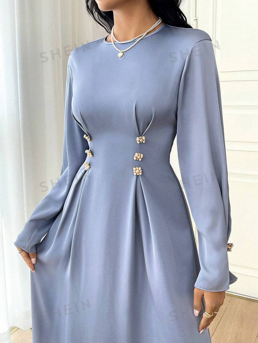 SHEIN Modely Women's Simple Everyday Long Sleeve Arabian Dress With Ball Decoration Party ...