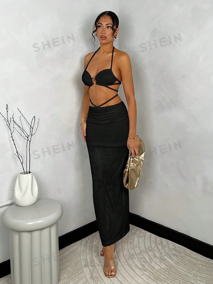 SHEIN BAE Women's White Graduation Ceremony Dress Set: Bra Strap Top And Tight Midi Skirt | SHEIN UK