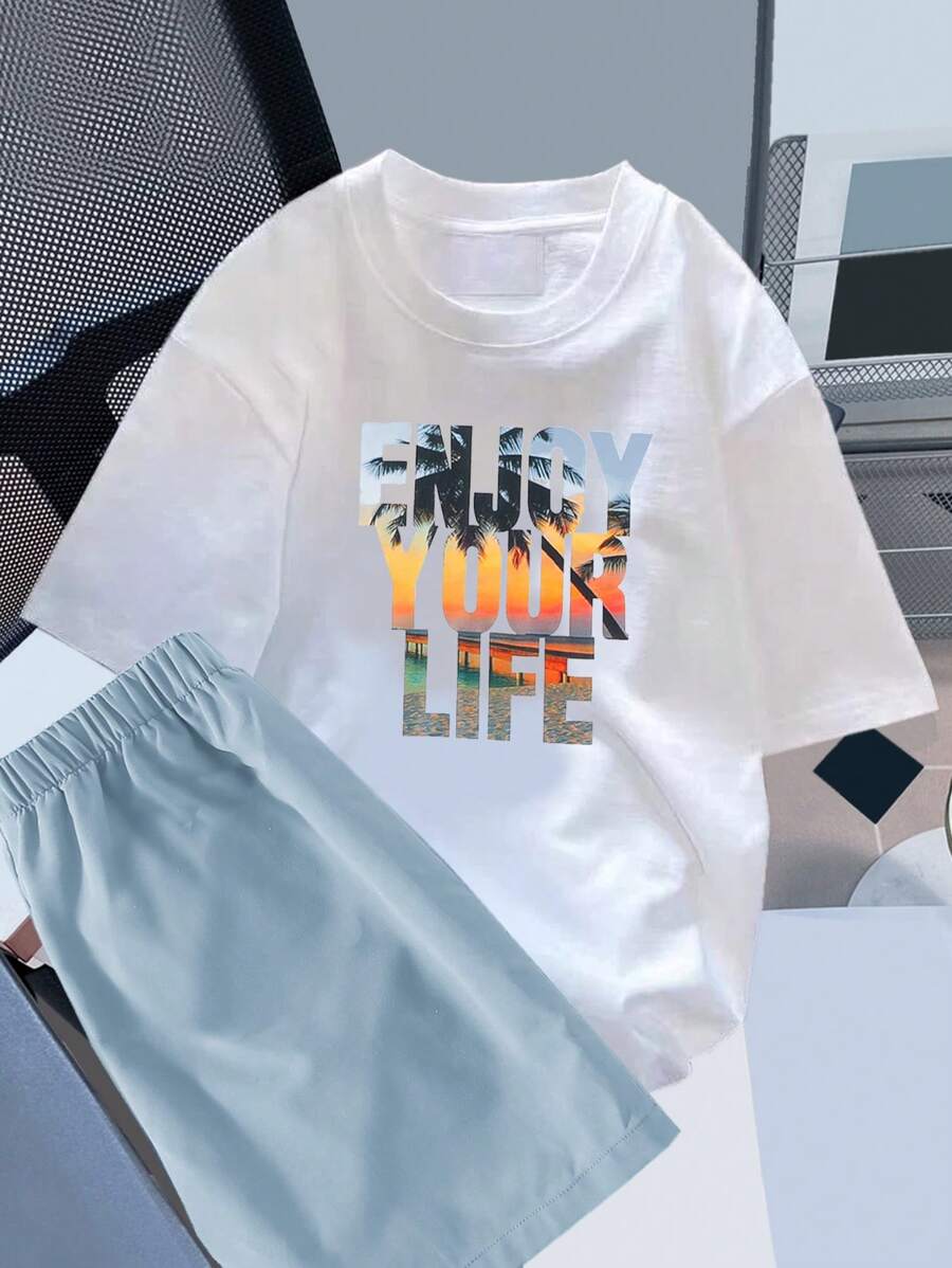 SHEIN Teen Boys' Casual Short Sleeve T-Shirt And Shorts Set With ...