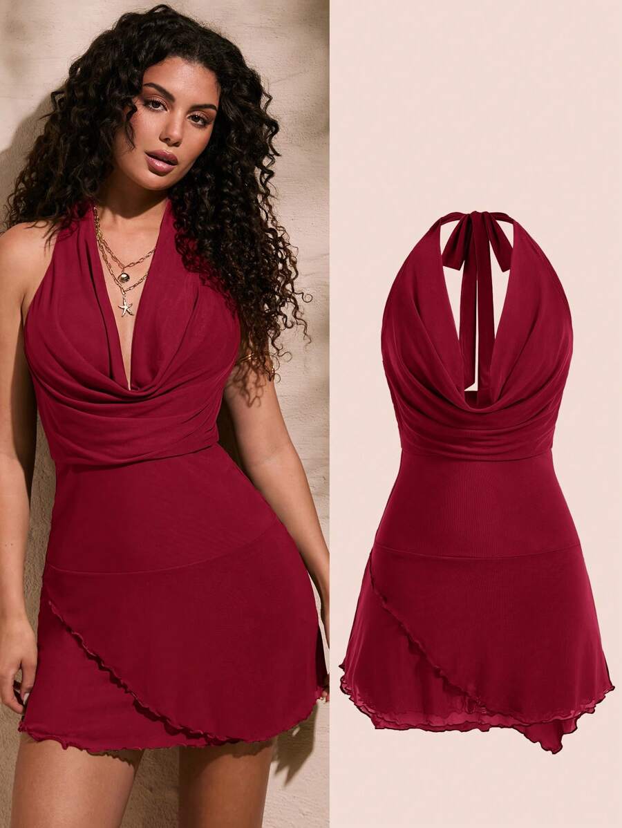 Opulessa Resort Solid Color Knitted Mesh See-Through Draped Neck Halter ...