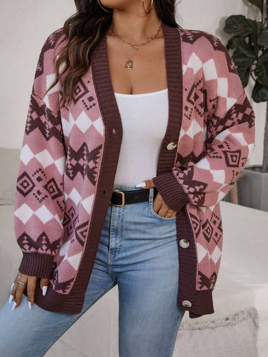 SHEIN LUNE Plus Size Multicolor Pattern Jacquard Long Sleeve Maxi ...