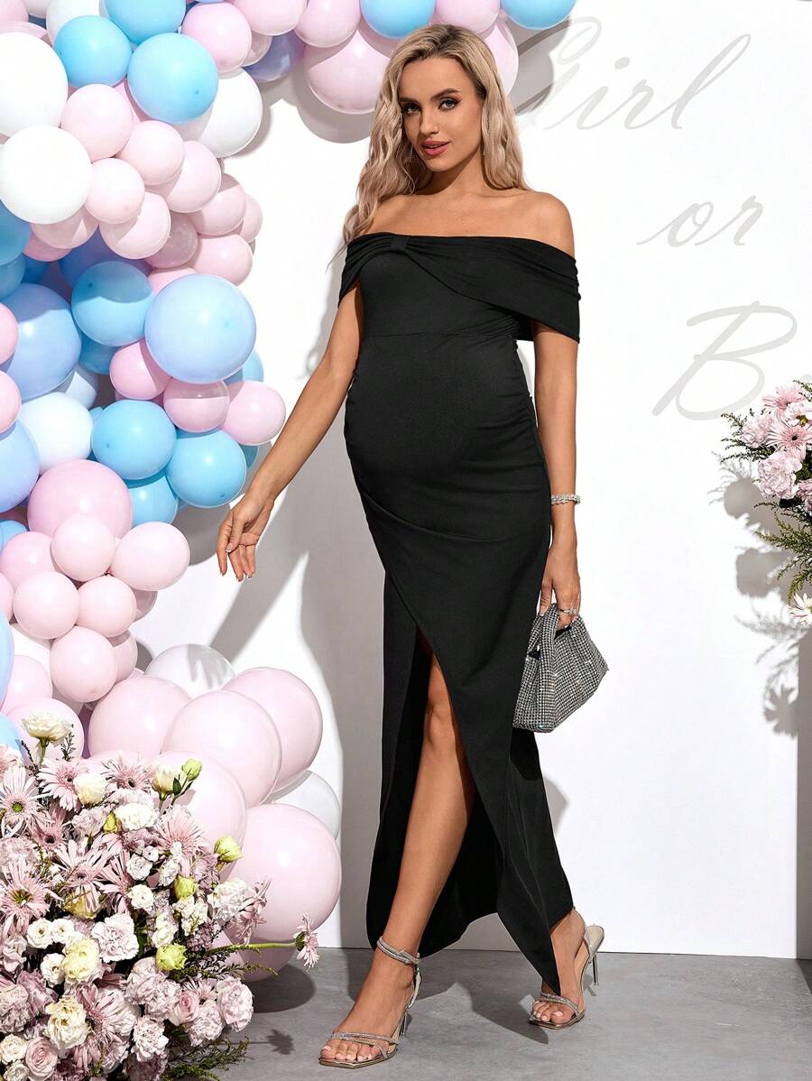 SHEIN Maternity Plain Simple Daily Off Shoulder Side Slit Dress,Perfect ...