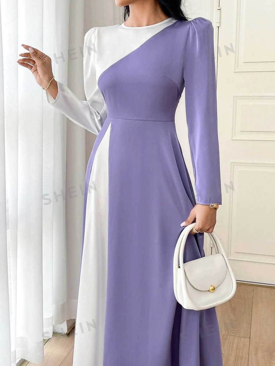SHEIN Modely Ladies' Arabic Color Block Simple Daily Dress Party Elegant Evening Long Sleeve ...