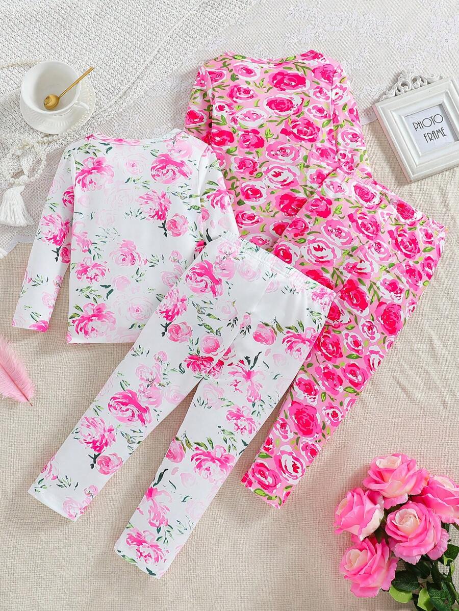 2pcs Girls Pajamas Set - Vintage Floral All Over Print Snug Fit Long ...