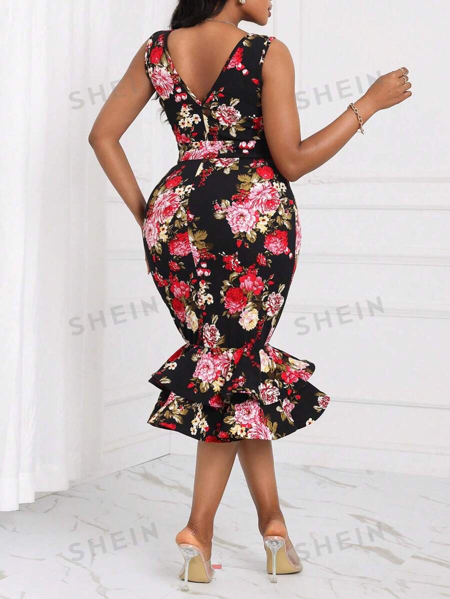SHEIN Lady Robe sirène tricotée imprimée florale en grande taille, ornée de fleurs 3D, robe ...