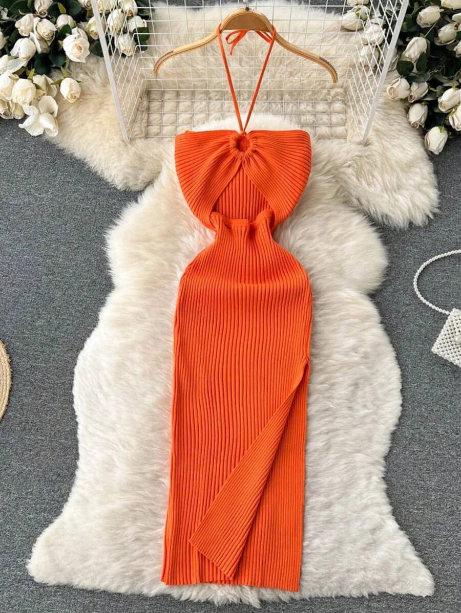 INAWLY Women's Solid Color Simple Daily Wear Sweater Dress With Halter ...