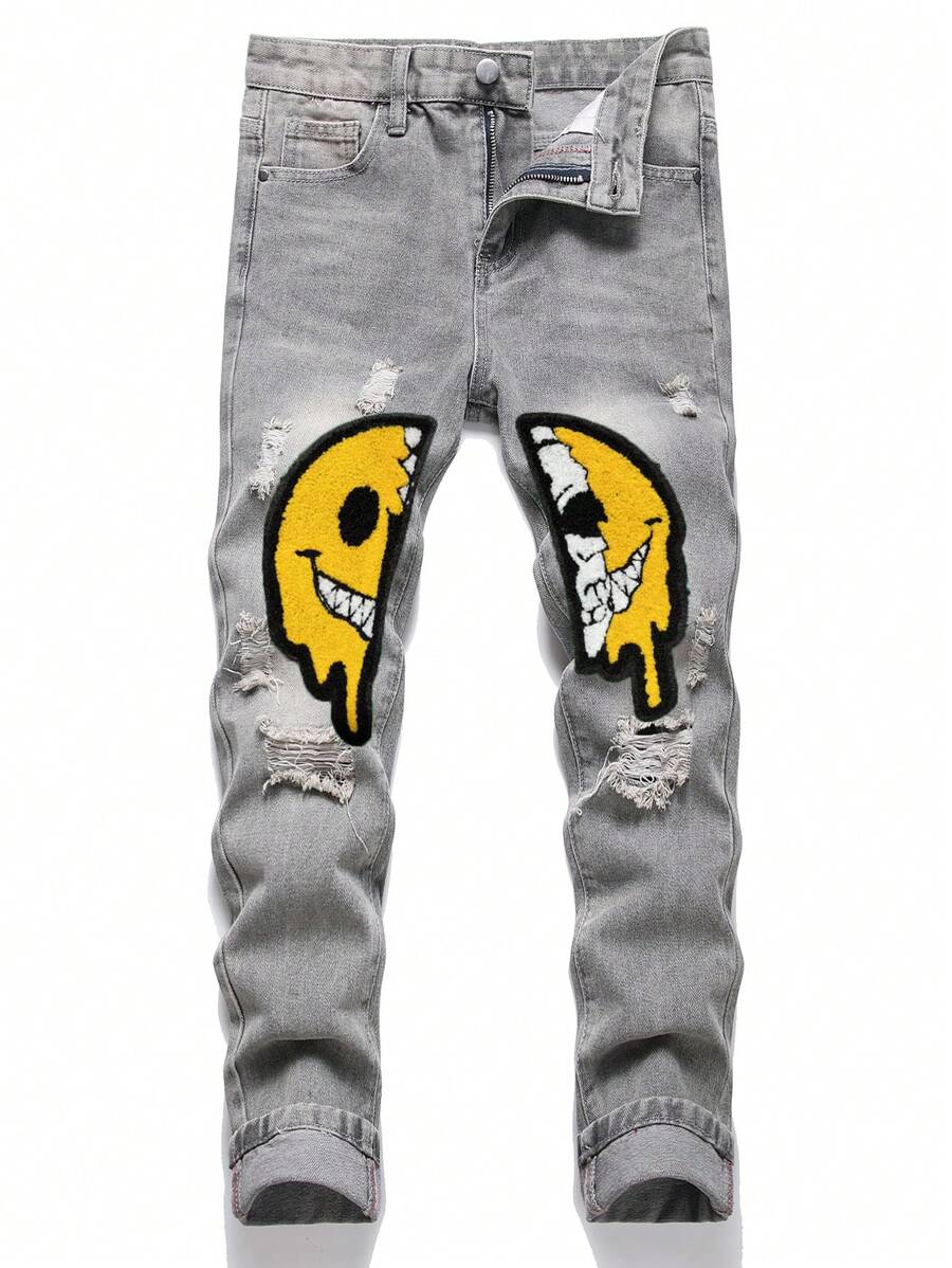 Men Cartoon Patched Ripped Slim Straight Jeans | SHEIN USA