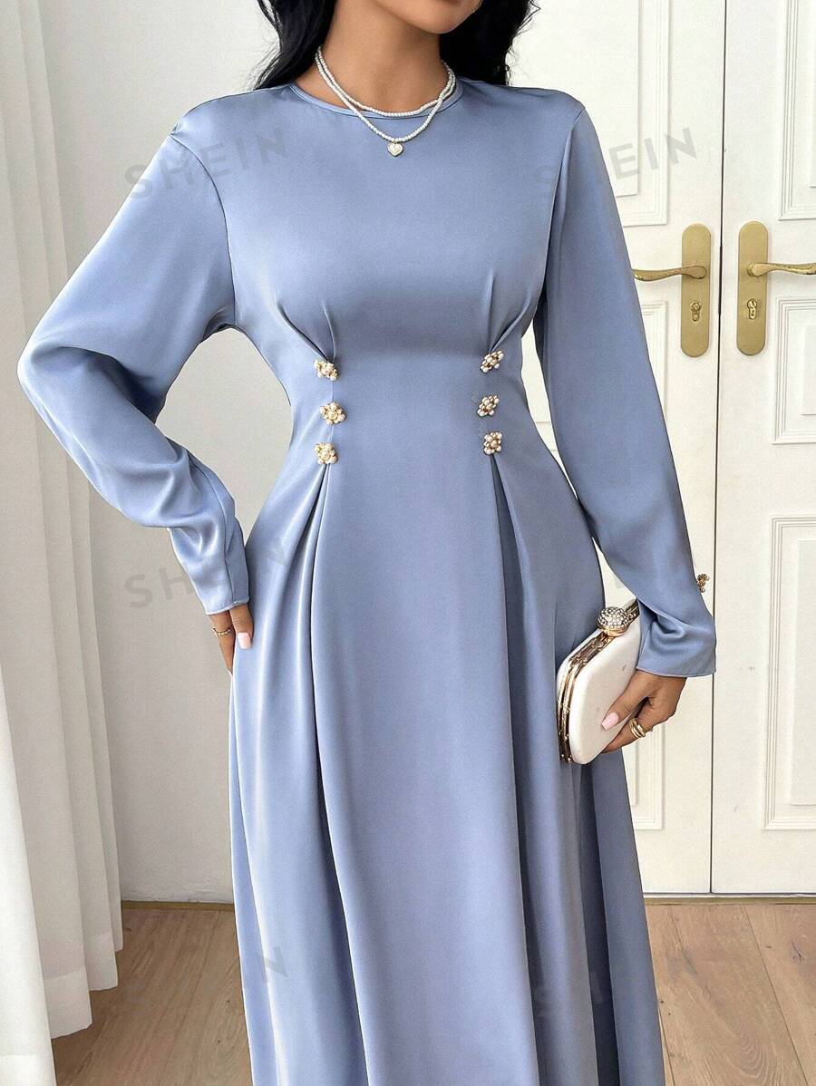 SHEIN Modely Women's Simple Everyday Long Sleeve Arabian Dress With Ball Decoration Party ...