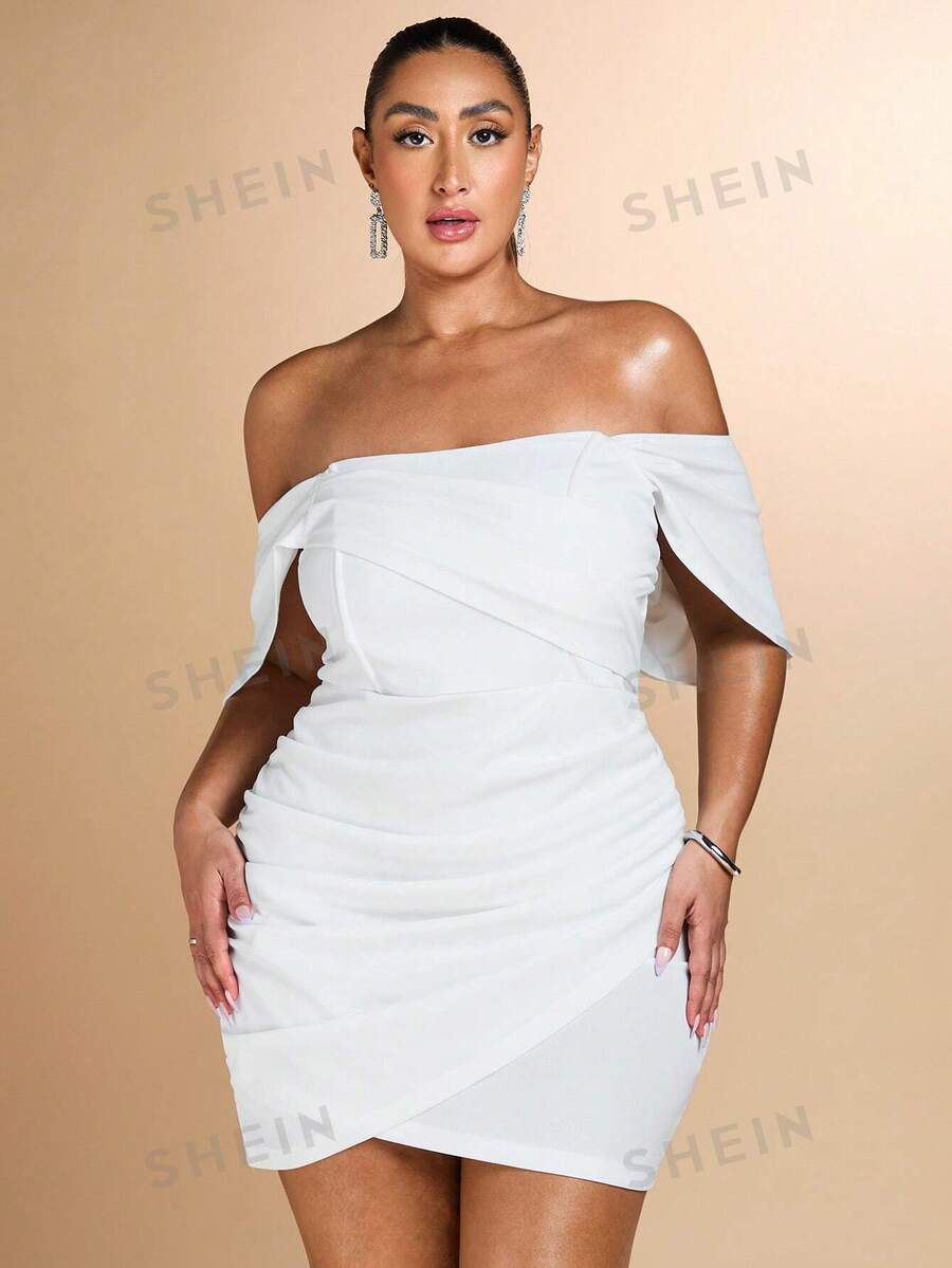 SHEIN BAE Plus Size Women's Off-Shoulder Pleated Overlap White Dress ...