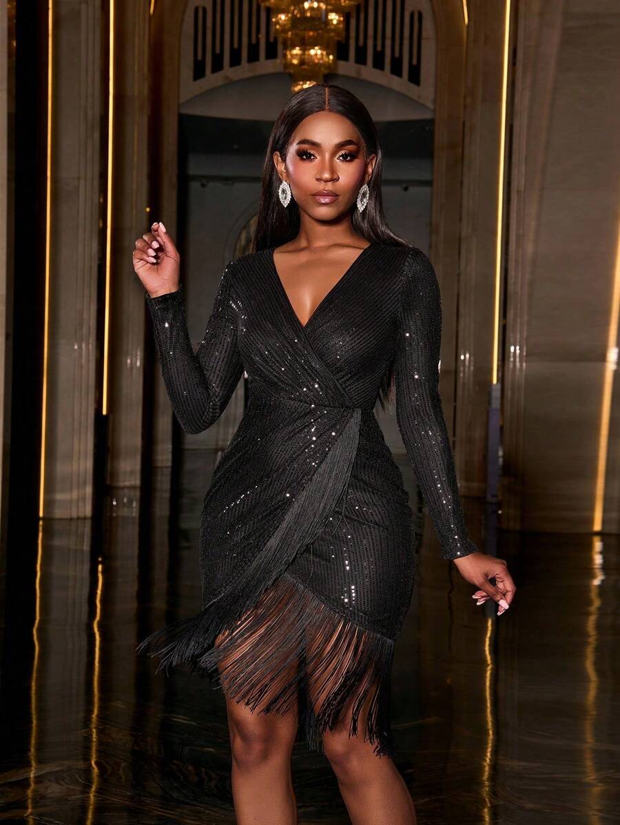 Fringed Trim Sequin Cocktail Party Dress | SHEIN USA