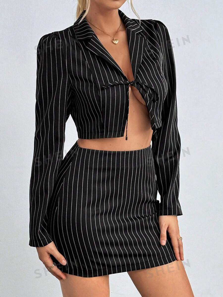 SHEIN x Carly Lawrence SHEIN TRNDY Striped Blazer And Super Mini Skirt ...