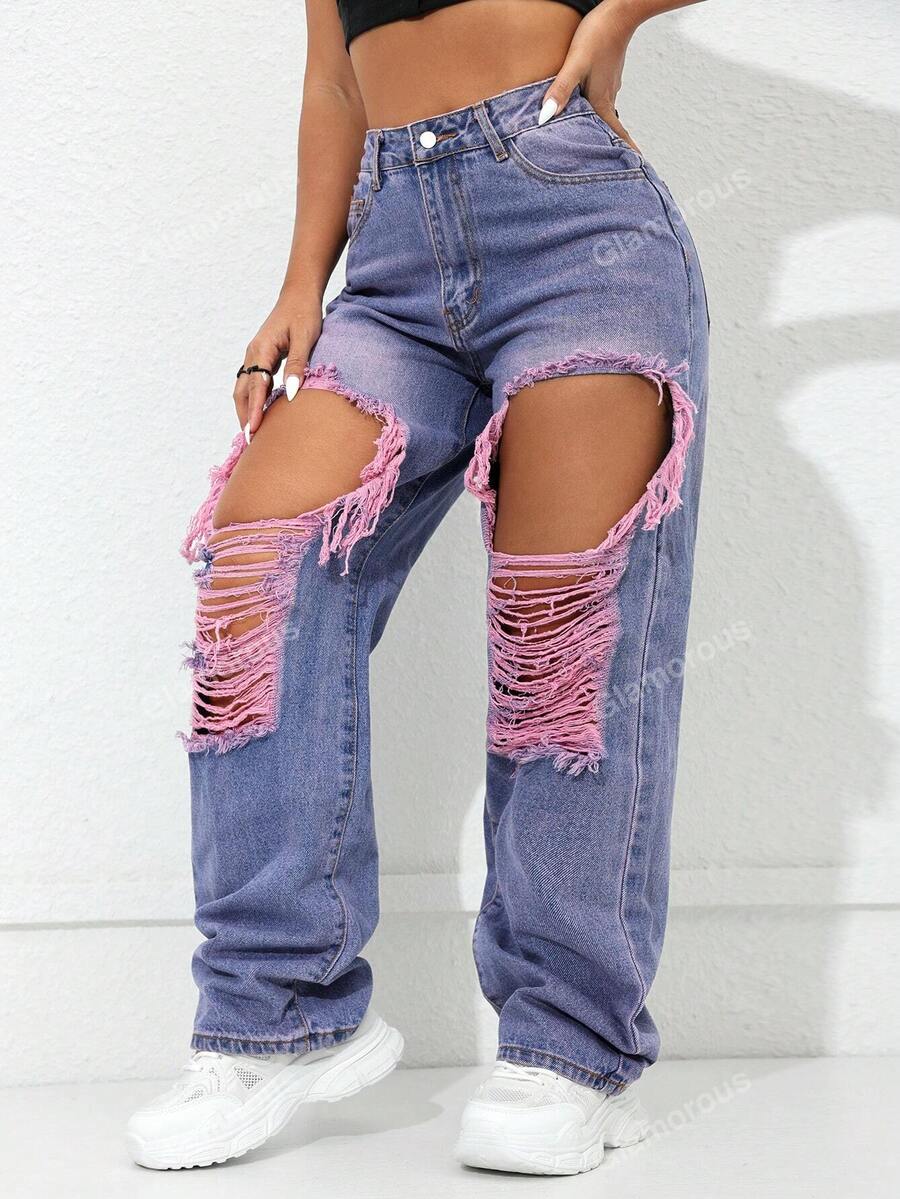 Street High Waist Slant Pocket Ripped Straight Leg Jean Scowgirl Outfit | SHEIN USA