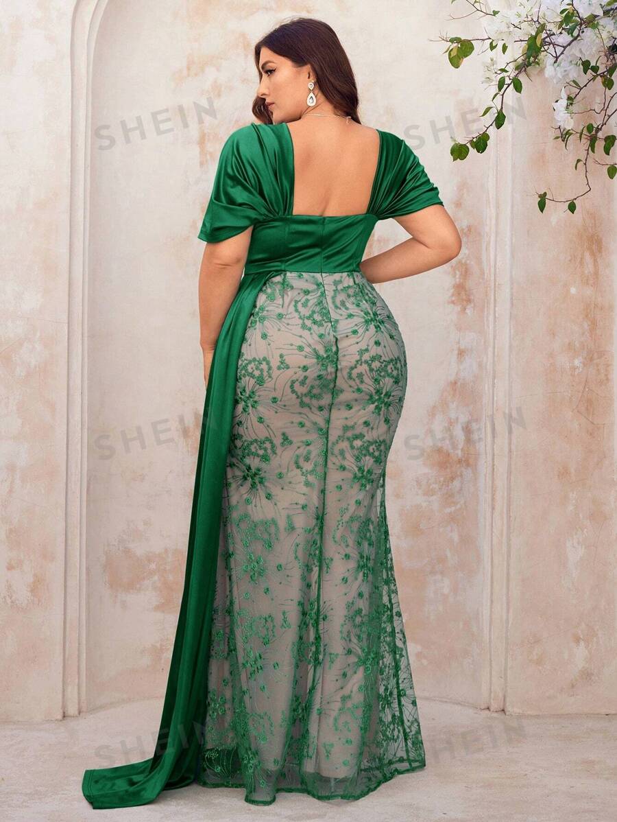 SHEIN Belle Plus Size Grayish-Green Luxurious Beaded Mermaid Style Elegant Heavy Work Evening ...