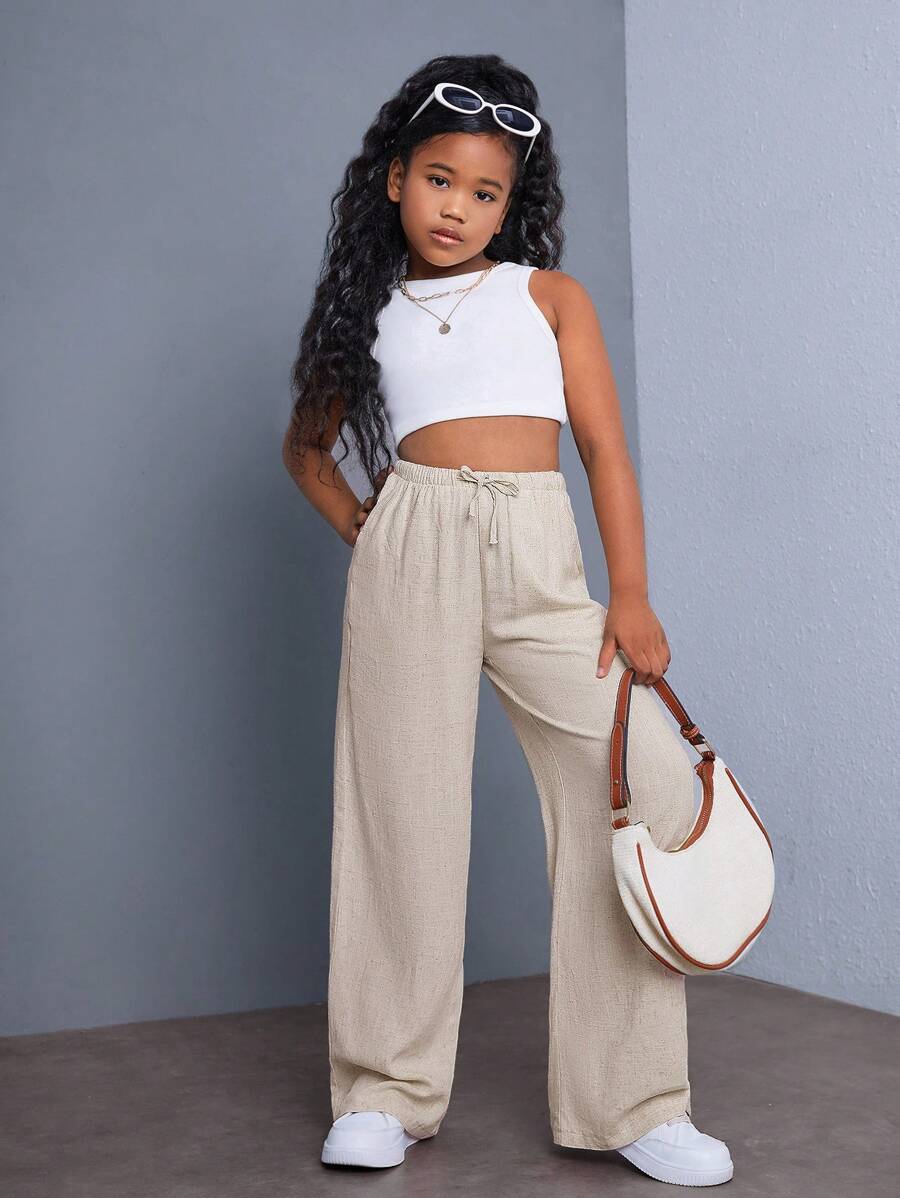 SHEIN Pantalones anchos sólidos y cómodos de estilo suelto para niñas ...