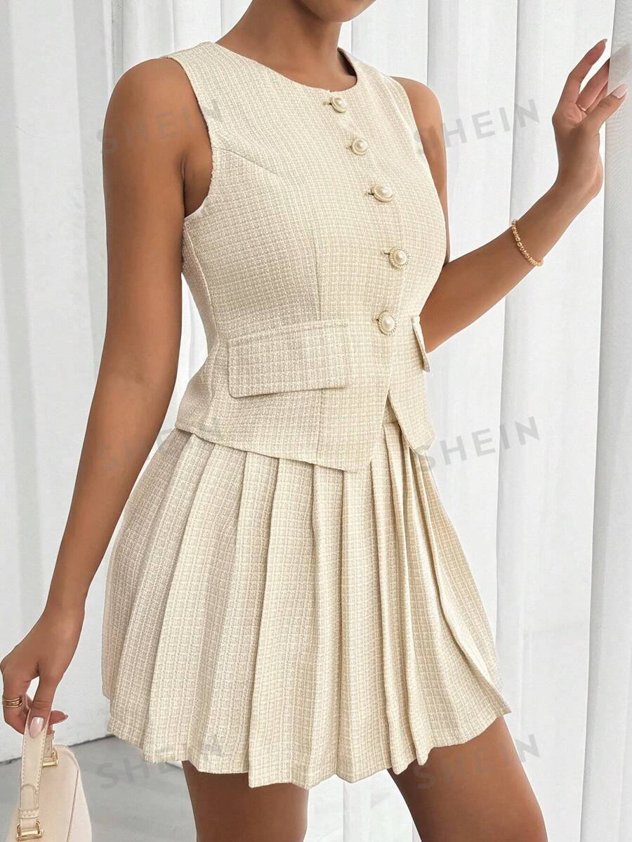 SHEIN Privé Women's Tweed Elegant Frenchies Vest With Pearl Button Suit ...