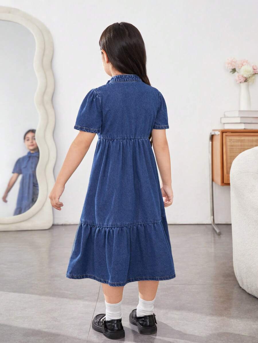SHEIN Girls' Blue Denim Tiered Dress With Bow | SHEIN UK