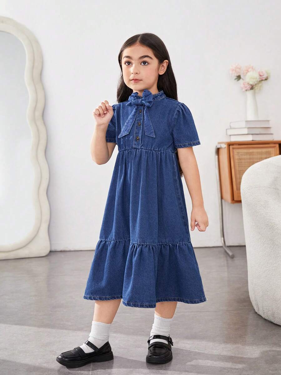 SHEIN Girls' Blue Denim Tiered Dress With Bow | SHEIN South Africa