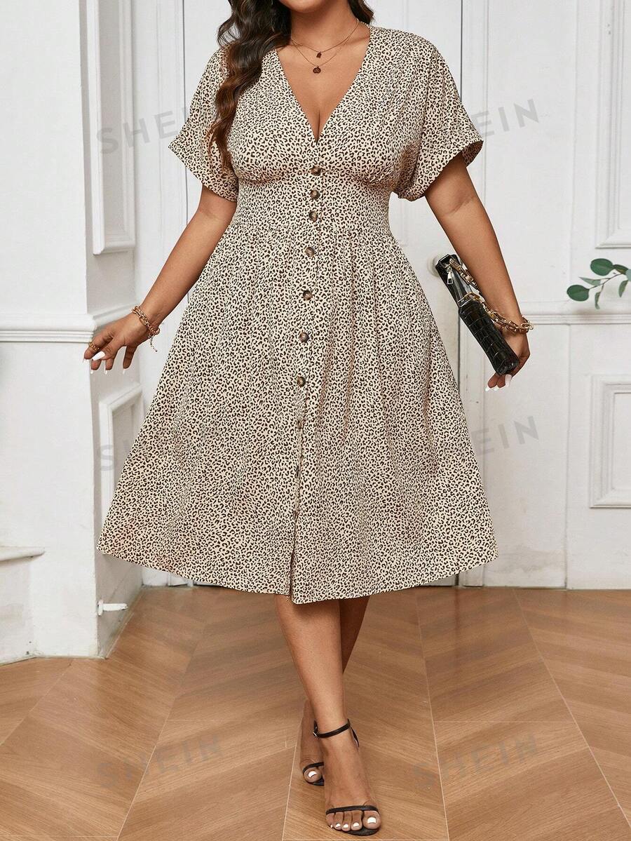 SHEIN Frenchy Plus Size Leopard Print Batwing Sleeve V-Neck Cinched ...
