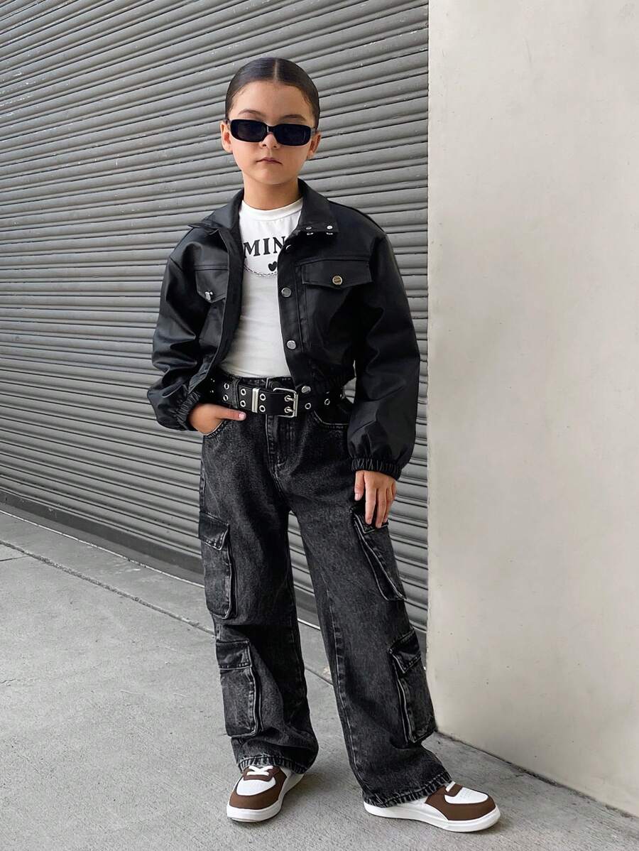 SHEIN Leap Crew Tween Girls Pocket & Collar PU Leather Short Jacket,In ...