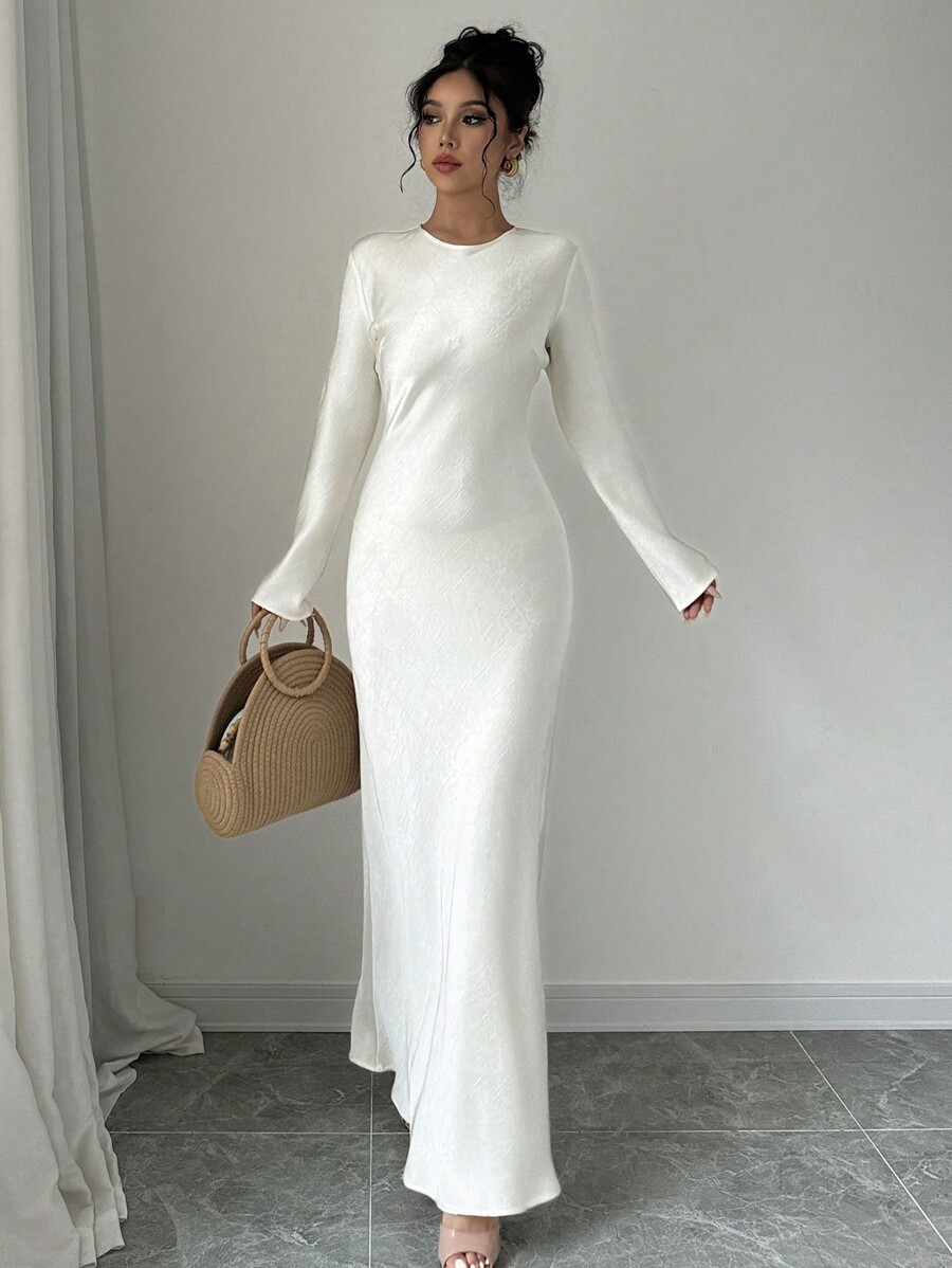 Elenzga Elegant Spring & Autumn Round Neck Fish-Tail Long Dress Maxi ...