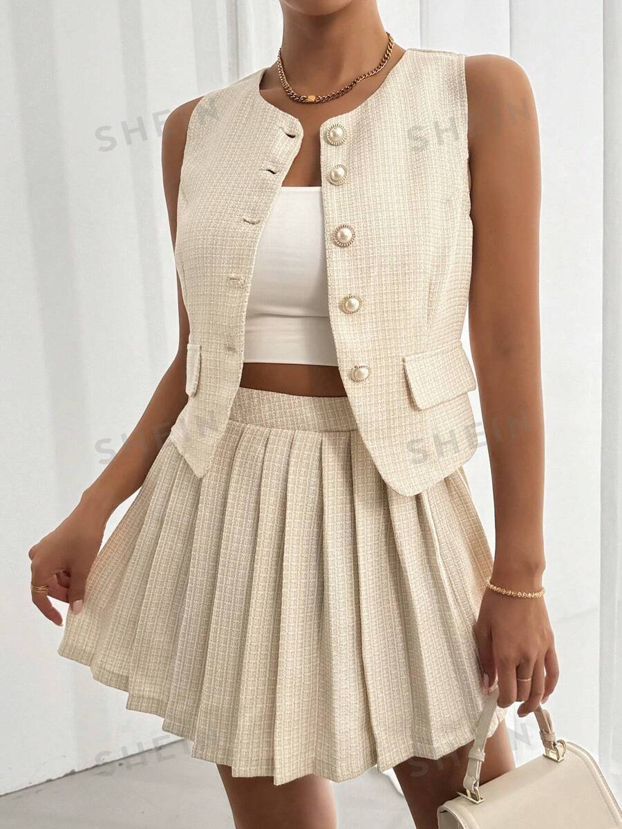 SHEIN Privé Women's Tweed Elegant Frenchies Vest With Pearl Button Suit ...