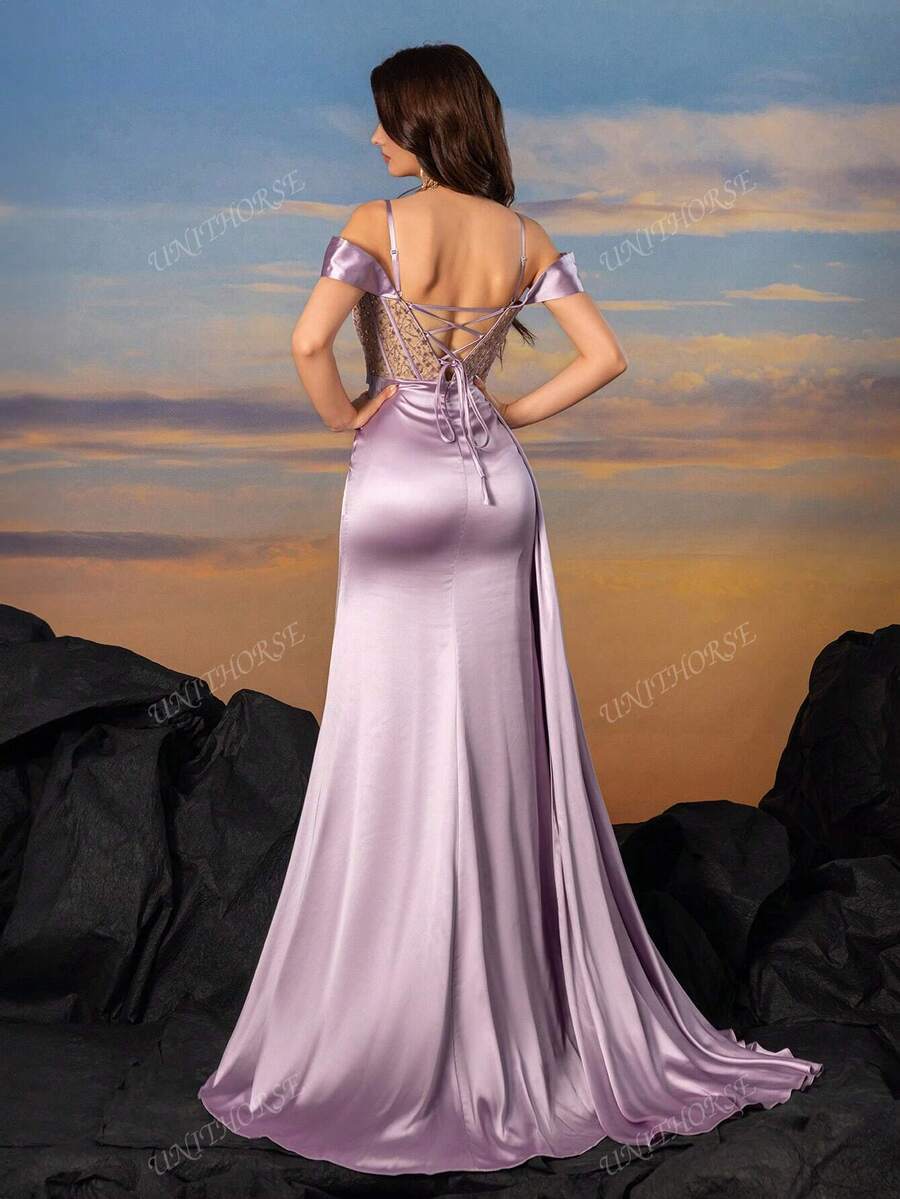 Spaghetti Strap Sequined Mermaid Evening Dress With Back Cross Straps, Waist Corset And Flare ...