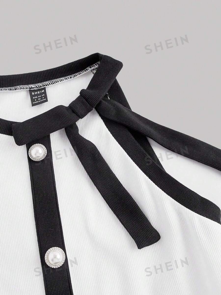 SHEIN MOD Women's Black & White Pearl Buttoned Dress, Back To School ...