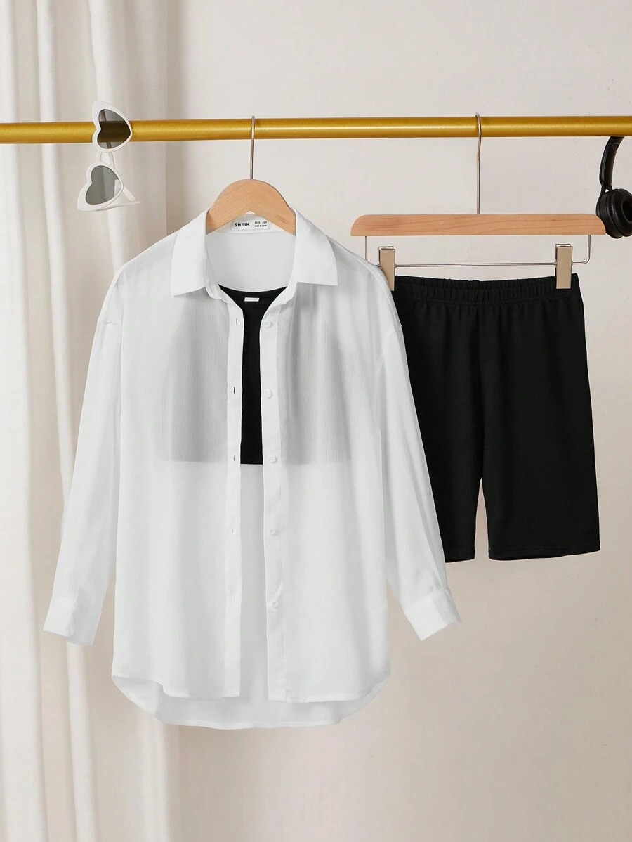 Tween Girl Casual See-Through Long Sleeve Blouse, Camisole Top And ...