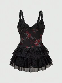 ROMWE Goth Plus Size Vintage Floral Print Contrast Lace Ruffle Hem Cami ...