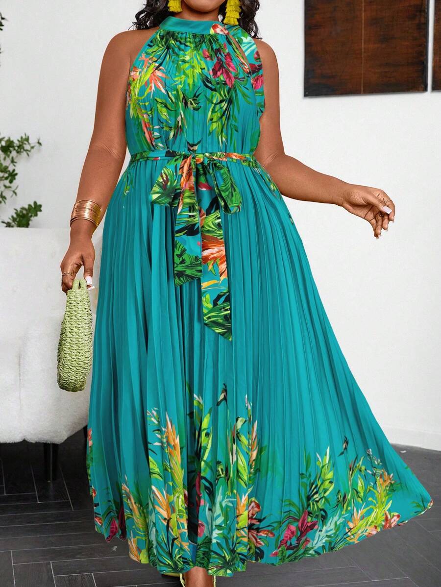 Plus Size Tropical Print Halter Neck Dress For Vacation Maxi Women ...