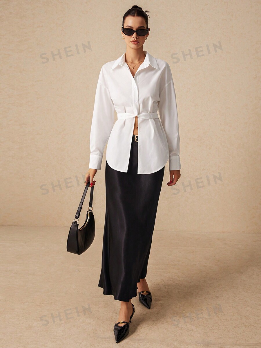 SHEIN Frenchy Camicia bianca da donna con fiocco e cintura, stile ...
