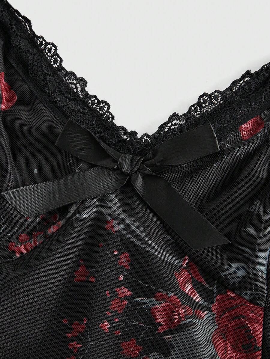 ROMWE Goth Plus Size Vintage Floral Print Contrast Lace Ruffle Hem Cami ...