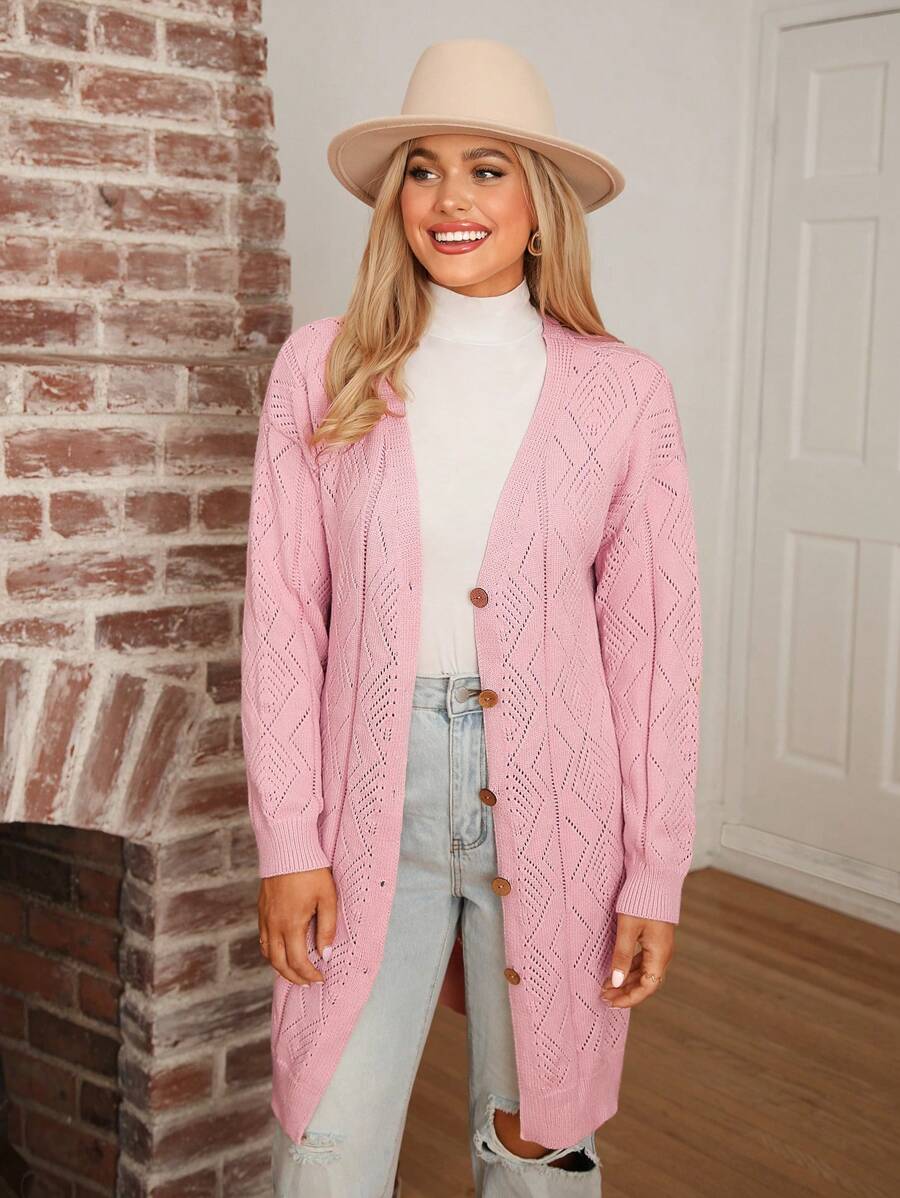 SHEIN Wildara Casual Women's Pink Long Cardigan With Drop Shoulders And ...