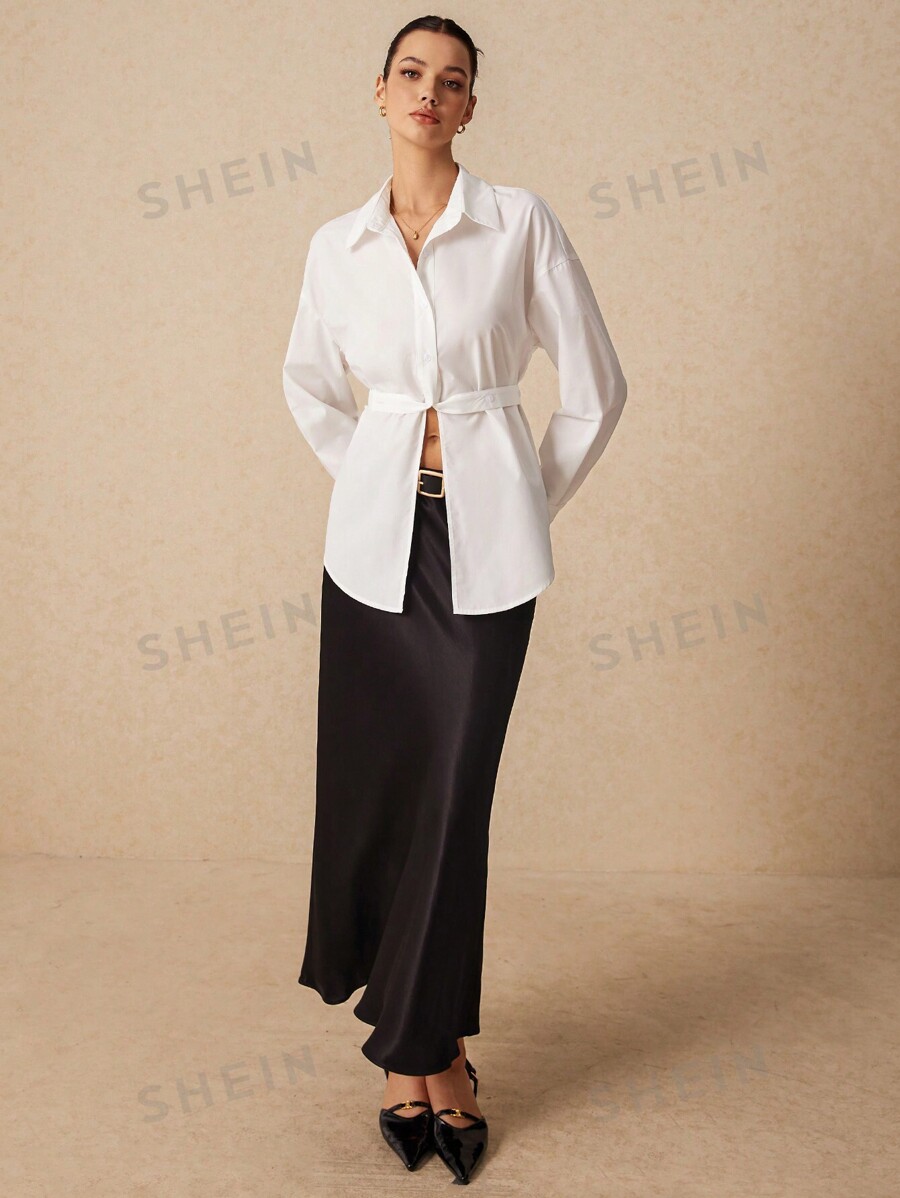 SHEIN Frenchy Women White Constructivism Belted Bow Knot Long Sleeve ...