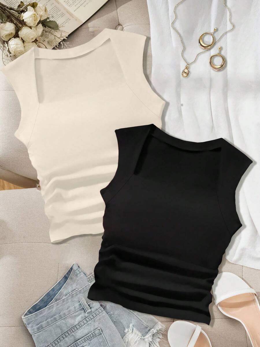 SHEIN Essnce 2pcs Women's Casual Solid Color Short Tank Tops Set, Plus ...