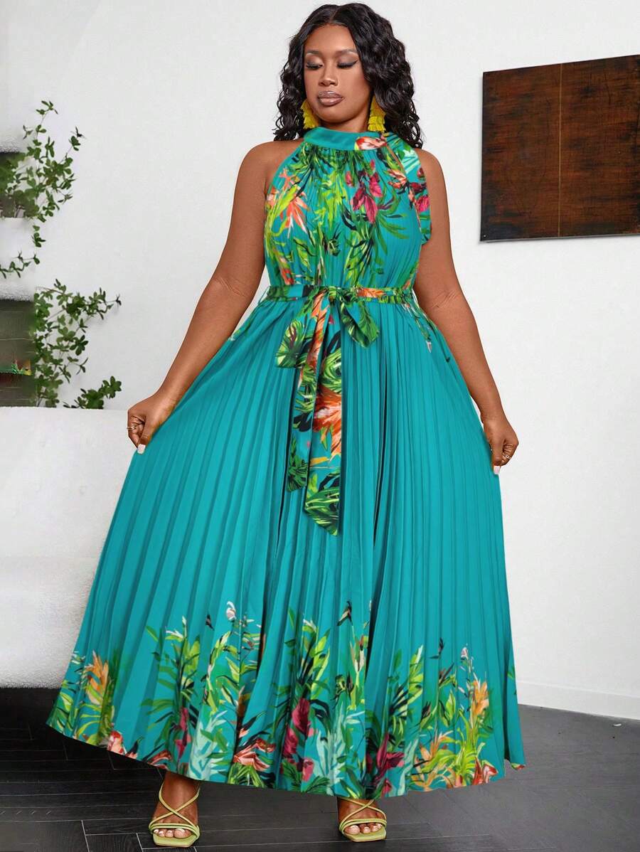 Plus Size Tropical Print Halter Neck Dress For Vacation Maxi Women ...