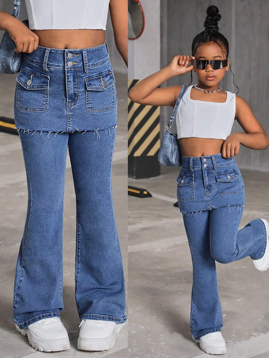 SHEIN Tween Girls Y2K Patched Pocket 2 In 1 Flared Leg Jeans,Tween Girl ...