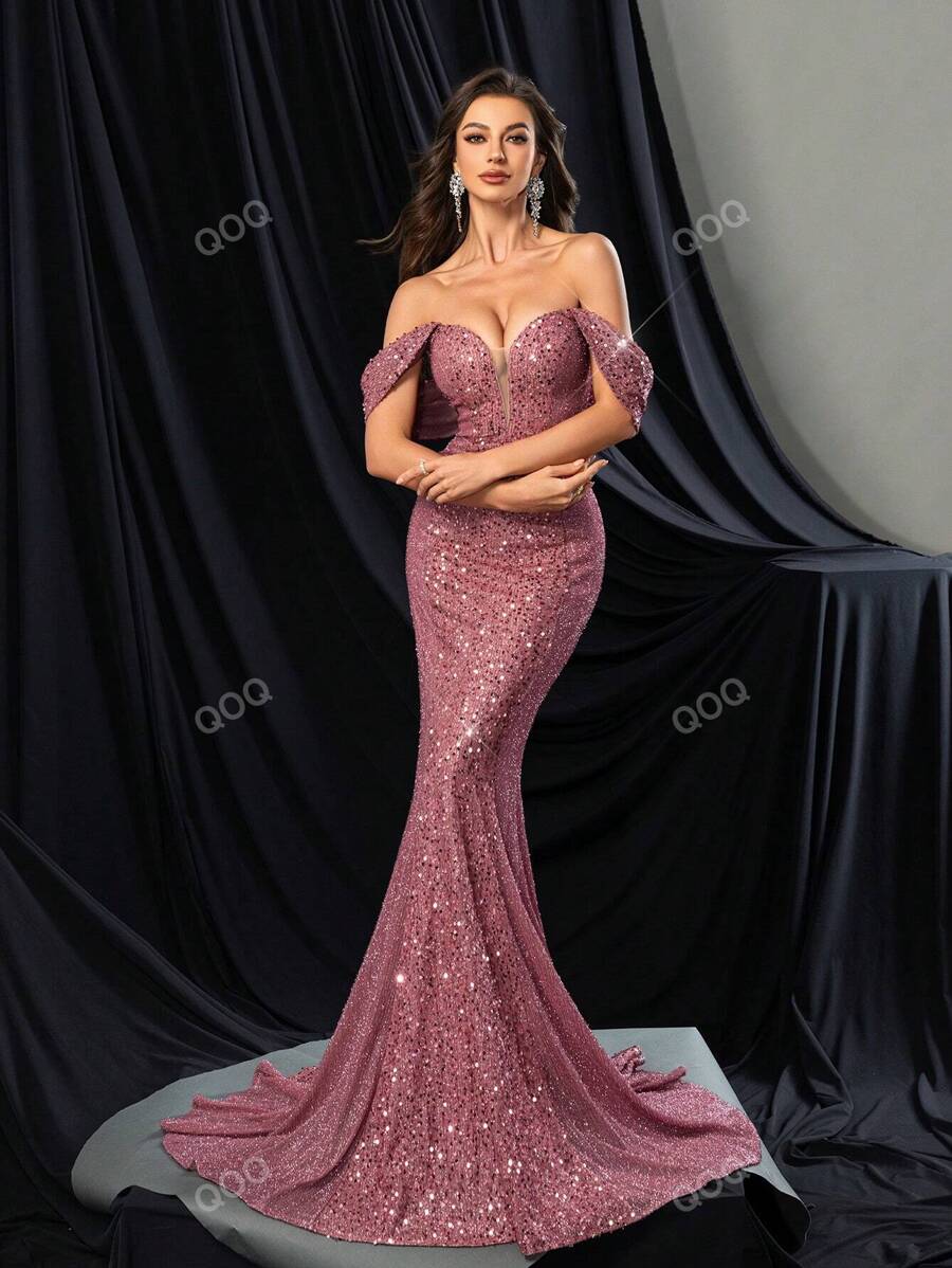 QOQ Lotus Root Pink Off Shoulder Sequin Tail Dress Elegant Formal ...