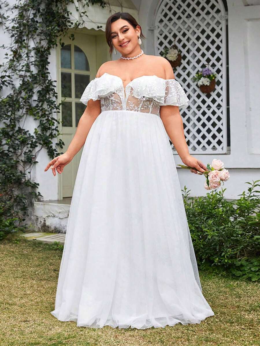 Plus Embroidered Lace, Ruffle Leaf, Sheer, Splice Mesh Long Wedding ...