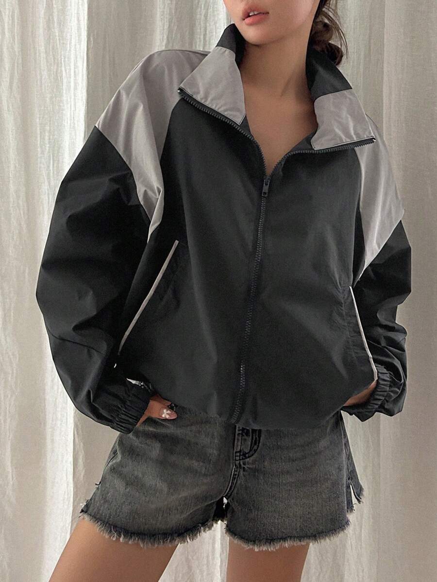 DAZY Two Tone Drawstring Hem Drop Shoulder Zipper Jacket,Fall Clothes ...