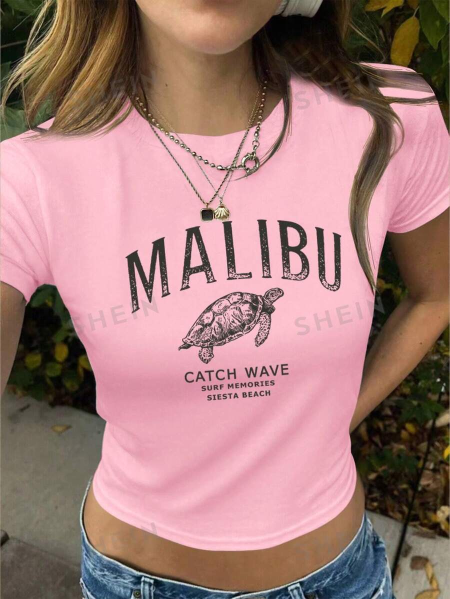 SHEIN EZwear Women Y2K Sea Turtle Graphics Print Babytee T-Shirt for ...
