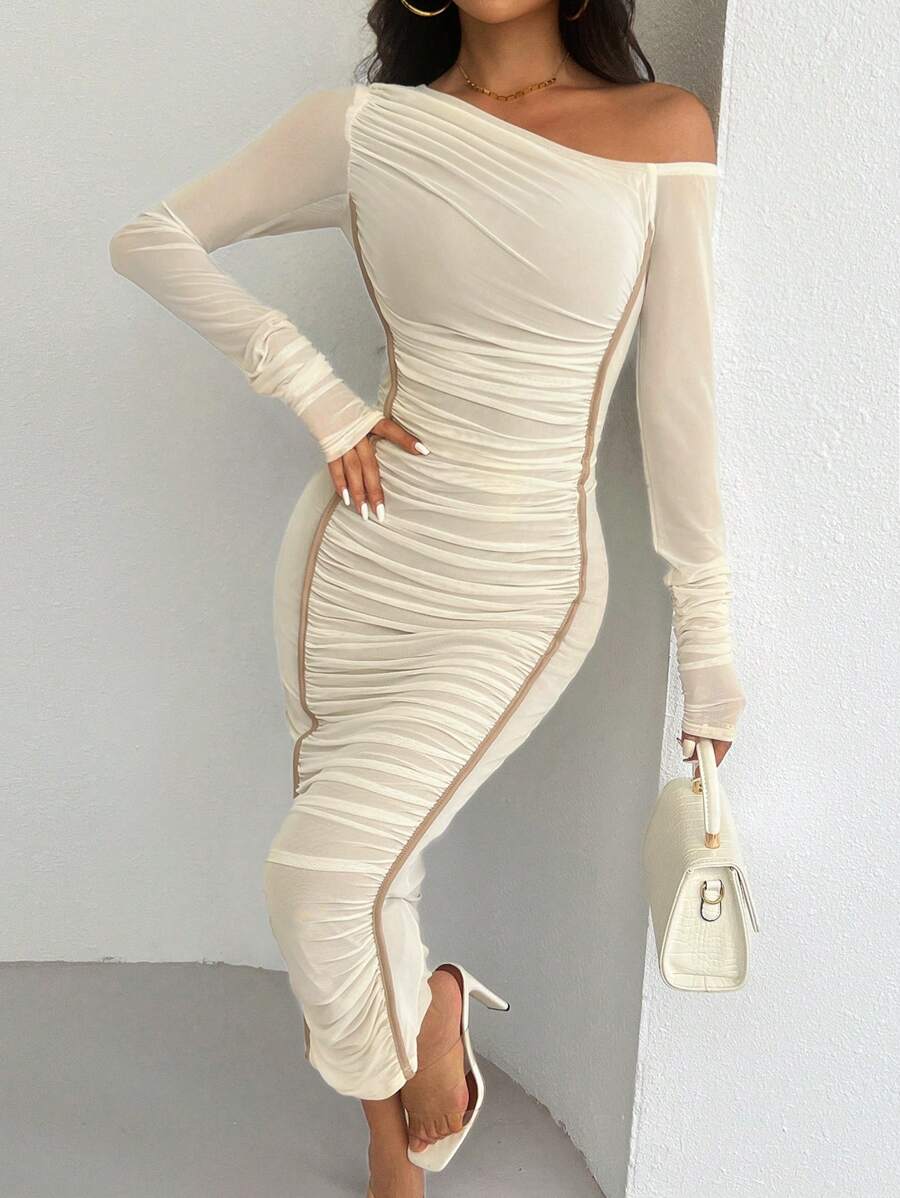 SHEIN Raffinéa Women's Vintage Asymmetric Slit Shoulder Pleated Ruched ...