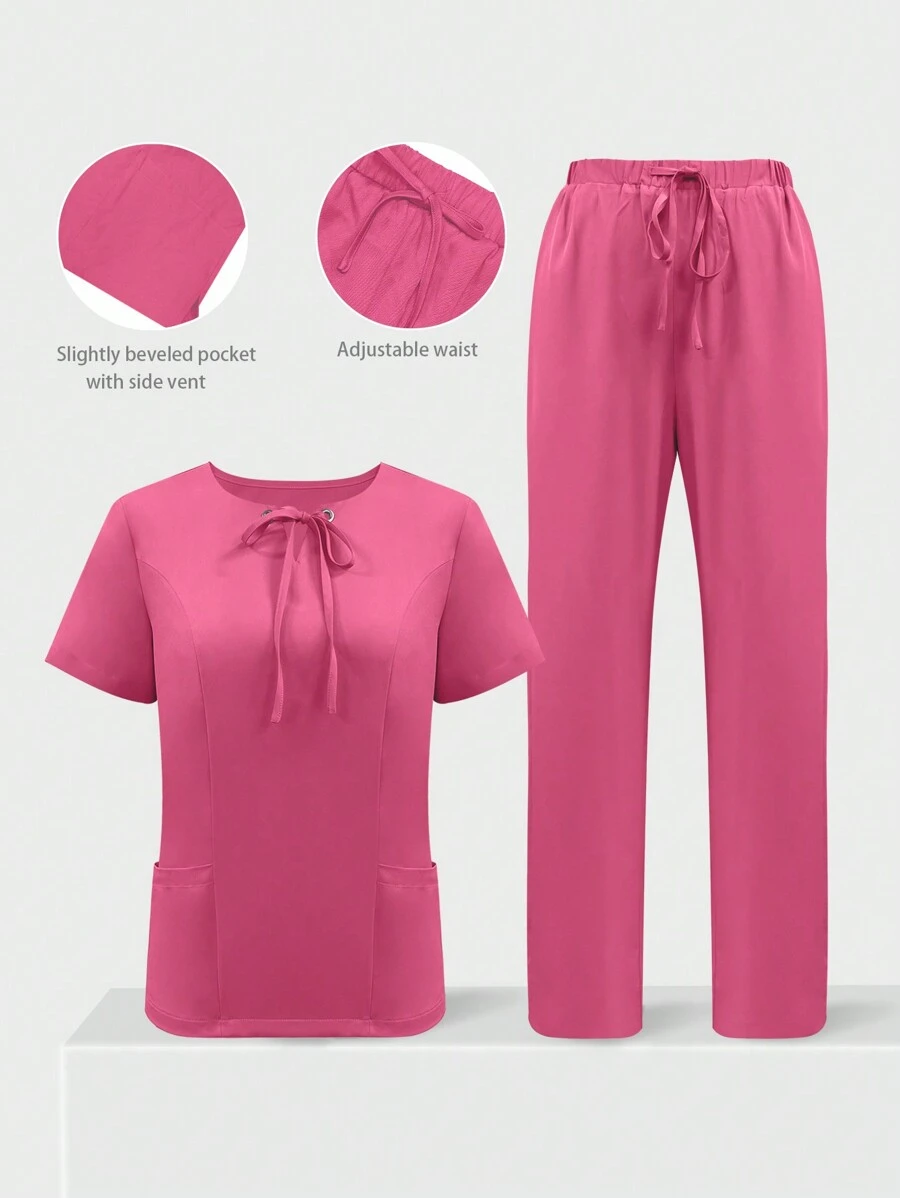 Solid Color Short Sleeve Top And Pants Scrub Nurse Uniform Set With Tie ...