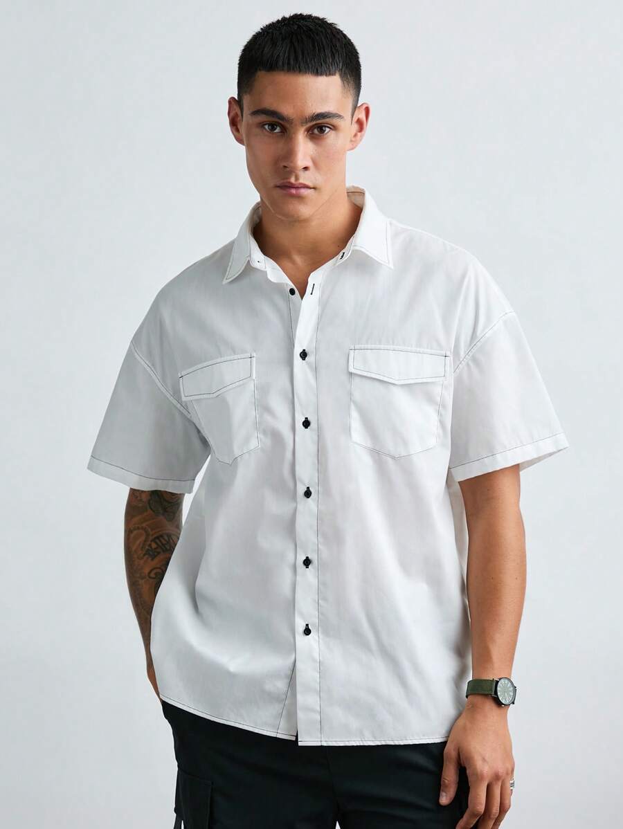 Manfinity Techy Men's Casual Woven Loose Fit Plain Color Short Sleeve ...