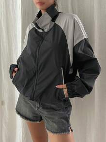 DAZY Two Tone Drawstring Hem Drop Shoulder Zipper Jacket,Fall Clothes ...